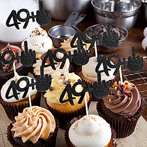 Gersoniel 24 Pieces 49 + 1 Cupcake Toppers Funny 50th Birthday Cupcake Picks Glitter Black Middle Finger Cake Toppers 50 Cupcake Decoration for Happy 50th Birthday Party Anniversary Decorations