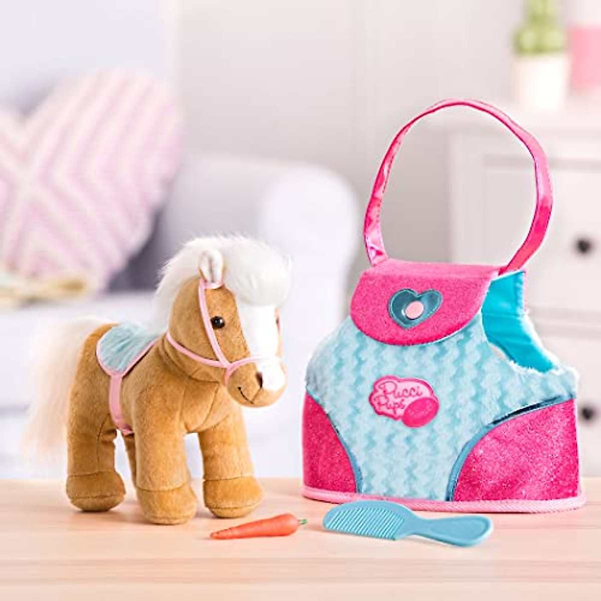 Pucci Pups – Beige Horse with Blue Stripes and Pink Pony Bag (ST8274Z) 10 inches