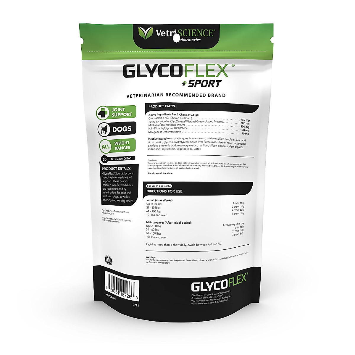 VetriScience GlycoFlex Sport Hip and Joint Supplement for Dogs – Joint Support Chews with Green-Lipped Mussel, DMG, and Glucosamine for Dogs, Chicken Liver Flavor