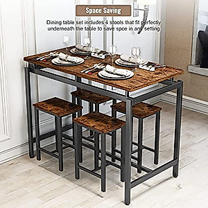 tantohom Dining Table Set for 4, Space Saving Kitchen Table and Chairs for 4, Industrial Counter Height Table with 4 Stools, 5 Pcs Bar Table and Chairs Set, for Pub, Living Room, Breakfast Nook, Brown