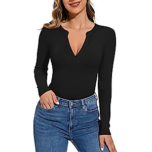 REORIA Women's Casual Sexy V Neck Fitted Long Sleeve T Shirts Work Slimming Ribbed Thong Leotards Bodysuits Tops Black Medium