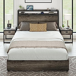 AMERLIFE Queen Size Storage Bed Frame, Wooden Platform Bed with Charging Station, 4 Drawers & Headboard/No Box Spring Needed/Noise-Free/Rustic Grey