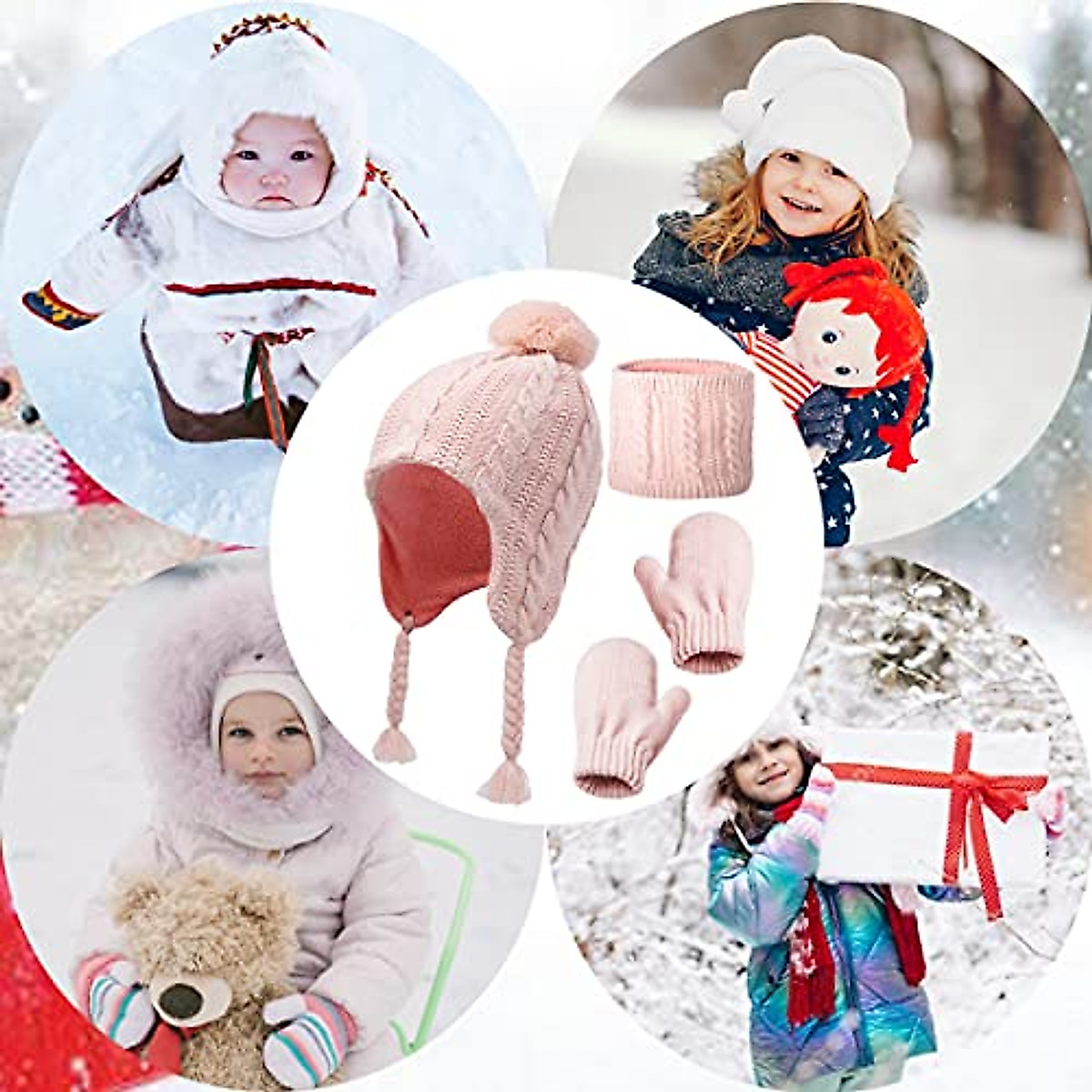 KMOLY Kids Winter Hat Scarf Gloves Set for Girls Boys 3-8 Years,Toddler Earflap Beanie Neck Warmer Mittens Fleece Lined Set