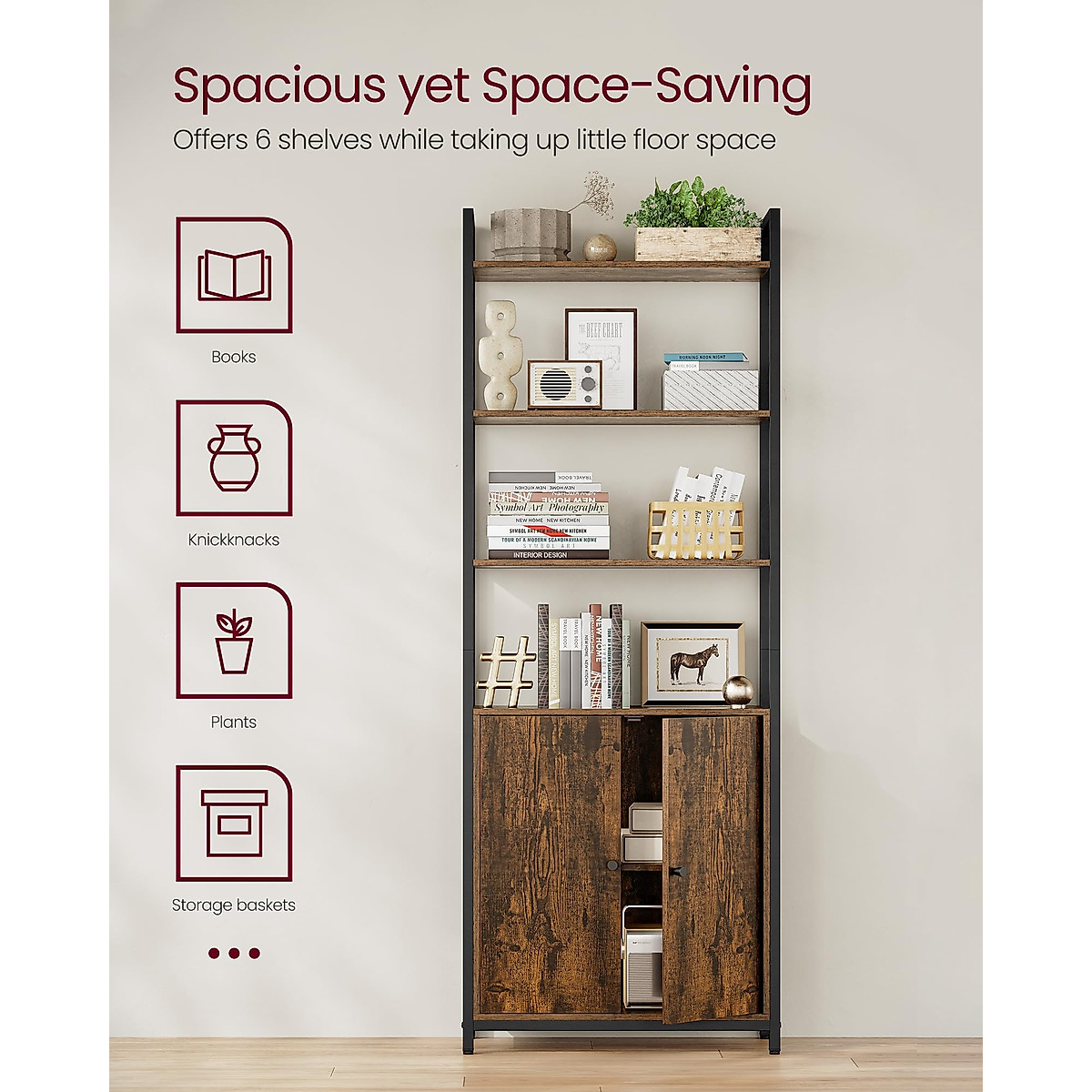 VASAGLE 6-Tier Bookshelf, Tall Bookcase with Door, Steel Frame, Adjustable Shelves, 9.4 x 23.6 x 62.8 Inches, Living Room Bedroom, Rustic Brown and Ink Black ULLS133K01