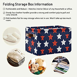 Patriotic Stars Memorial Independence Day Storage Basket Fabric Storage Bin American Flag Fourth of July Foldable Storage Boxes for Baby Cloth Dog Toy Book Storage Cubes Shelf Closet Basket 16×12×8