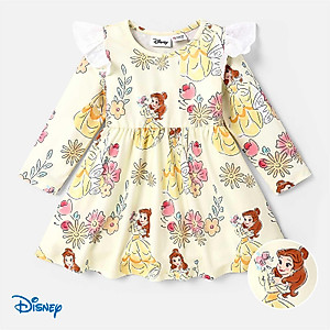 Disney Princess Dresses for Baby Girls Floral Ruffled Long-Sleeve Playwear Dress, Yellow, 6-9 Months