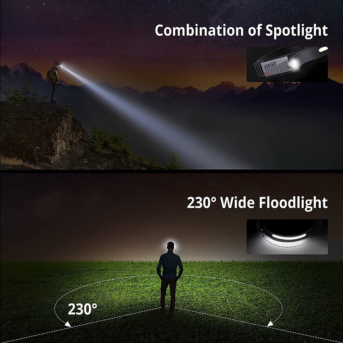 Myasrelae Night Buddy Headlamp - Waterproof Rechargeable Headlamp LED, Lampe Frontale 230° Wide Headlight Lightweight with 5 Modes & Smart Sensor Outdoor Headlamps (Black)