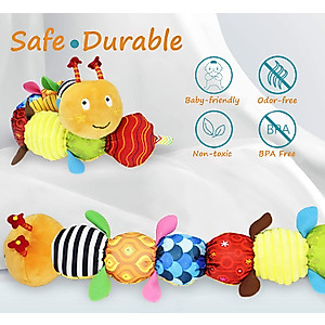 FIOLOM Stuffed Caterpillar Baby Toys Musical Soft Infant Toy Texture Sensory Plush Toys Crinkle Rattle with Ring Bell Ruler Design for Crawling Babies Boys Girls Newborn Preschool Toddler 3+ Month