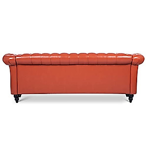 HoRunzelin Chesterfield Luxury PU Leather 3 Seater Sofa Couch,Classic Tufted Button and Nailhead Rolled Arm for Office Living Room,Orange