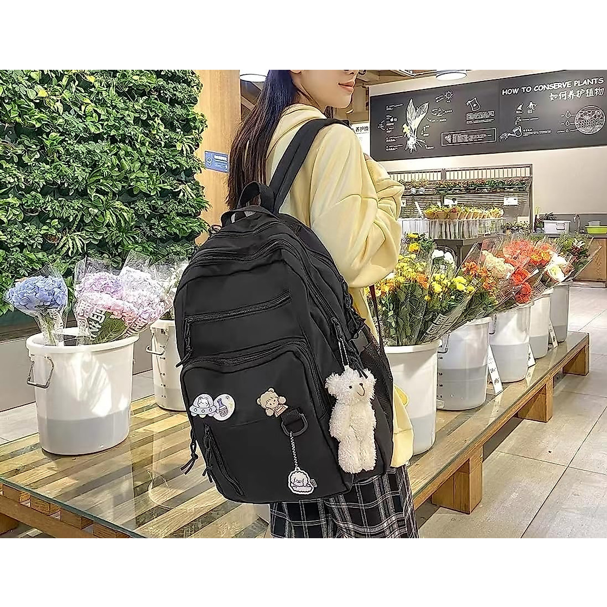 Aesthetic Backpack Cute Kawaii Backpack with Pins and Pendant Laptop Bag Casual Daypack for Women (Black,One Size)