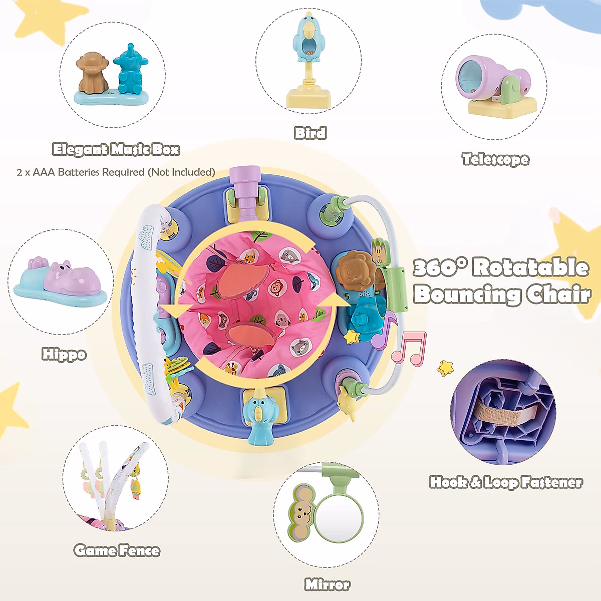 HONEY JOY Baby Bouncer Activity Center, 3-Stage Bouncing Activity Saucer & Playtime Mat & Activity Table, Toy-Bar, 3 Adjustable Heights, Foldable Exersaucer for Infants & Toddlers(Pink)