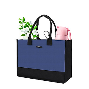 Aricsen Large Canvas Shopping Tote Bag with Handles for Women Gift Grocery Beach Holidays, Reusable Blank Clearance Eco Burlap Cloth Jute Fabric Handbag for Kitchen, Black & Blue