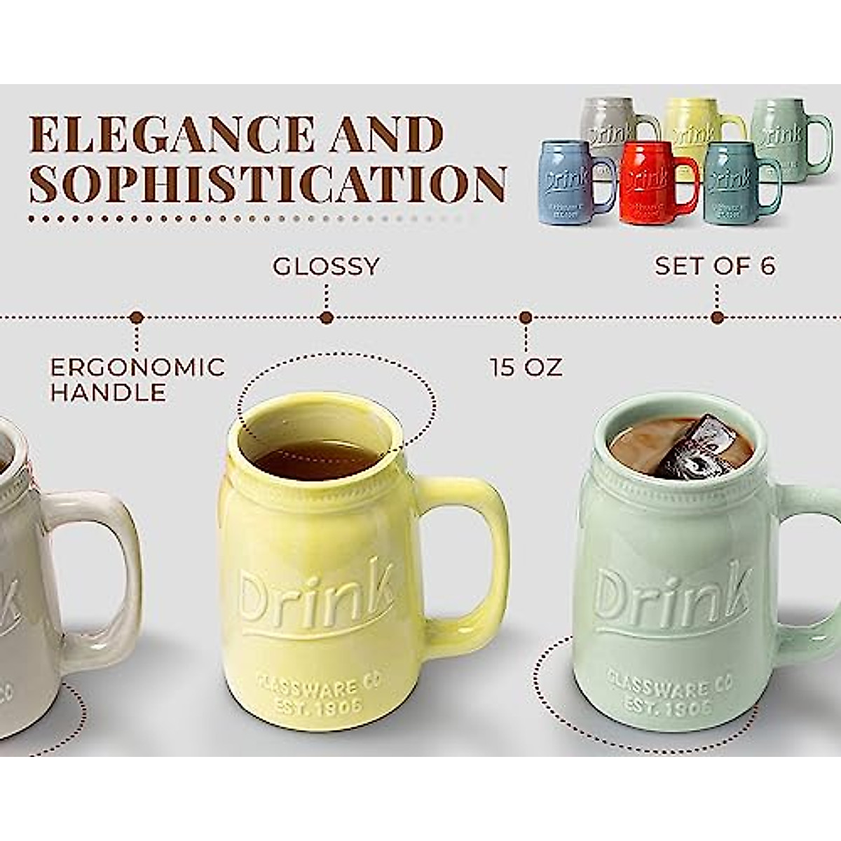 Mason Jar Mugs - Set of 6-15oz - Ceramic, Vibrant Colors - Great for Coffee, Tea, Cold/Hot Drinks, Indoor/Outdoor Parties - Farmhouse Décor