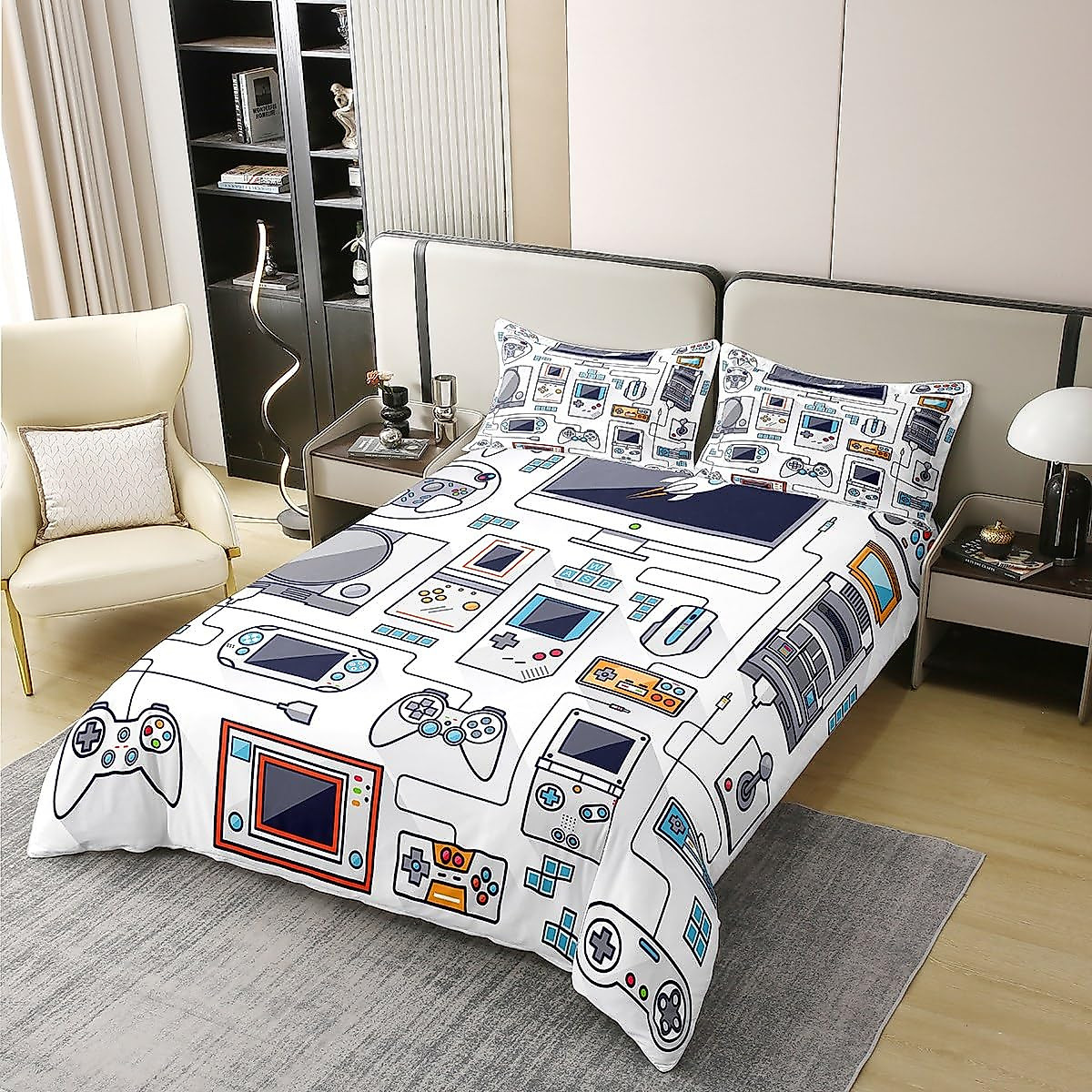 100% Cotton Gamer Bedding Sets for Boys,Gaming Duvet Cover Set Full Size,Boys Video Games Comforter Cover,Gamepad Designs Bed Set for Teen Boys Bedroom,Joystick Controller,3 Pcs with 2 Pillow Shams