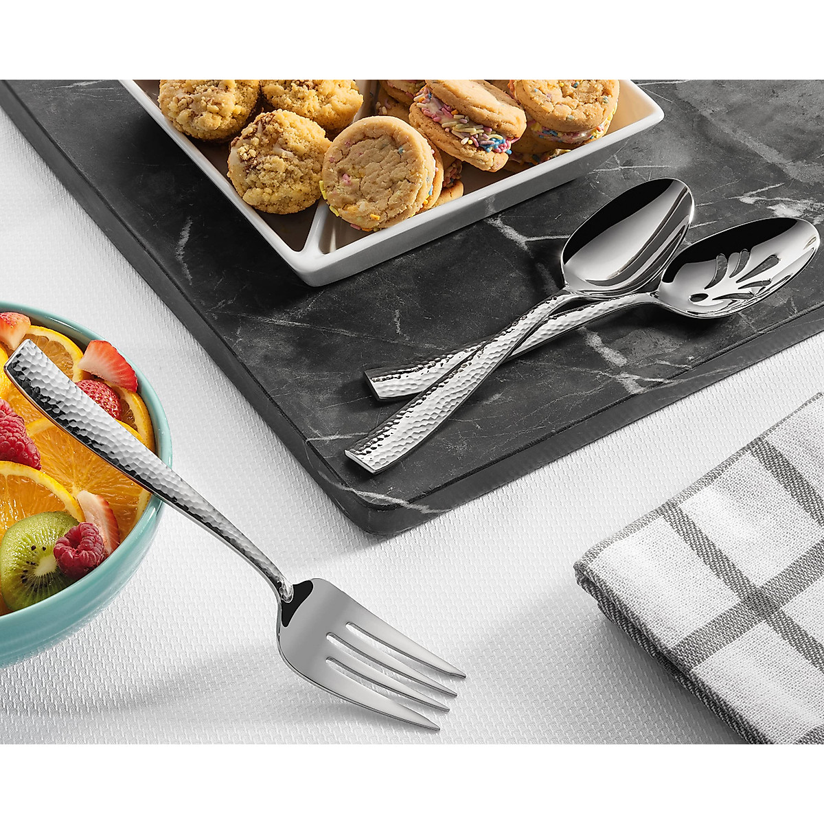 Hudson Essentials 9-Piece Hammered 18/10 Stainless Steel Silverware Serving Spoons and Forks Set - Hostess Buffet Flatware Utensils