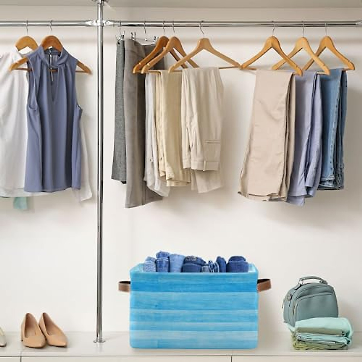 Blue Wood Panel Texture Storage Basket Bins Decorative Toy Organizer Bins Laundry Hamper Baskets with Handles for Pet Books Clothes Makeup Nursery Closet Office,1 pcs