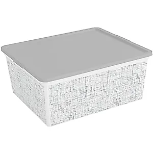 Curver Set of 4 M C Decorative Plastic Organization and Storage Box, 10.3L / 10.9 QT, White with Tweed Pattern, 4 Count