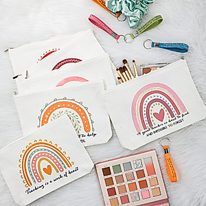 Rtteri 6 Set Teacher Appreciation Gifts Bulk 12 oz Rainbow Tumbler with Lid Straw Brush Keychains Makeup Bags Thank You Teacher Gift Back to School Appreciation Gift Set for Birthday Graduation Women