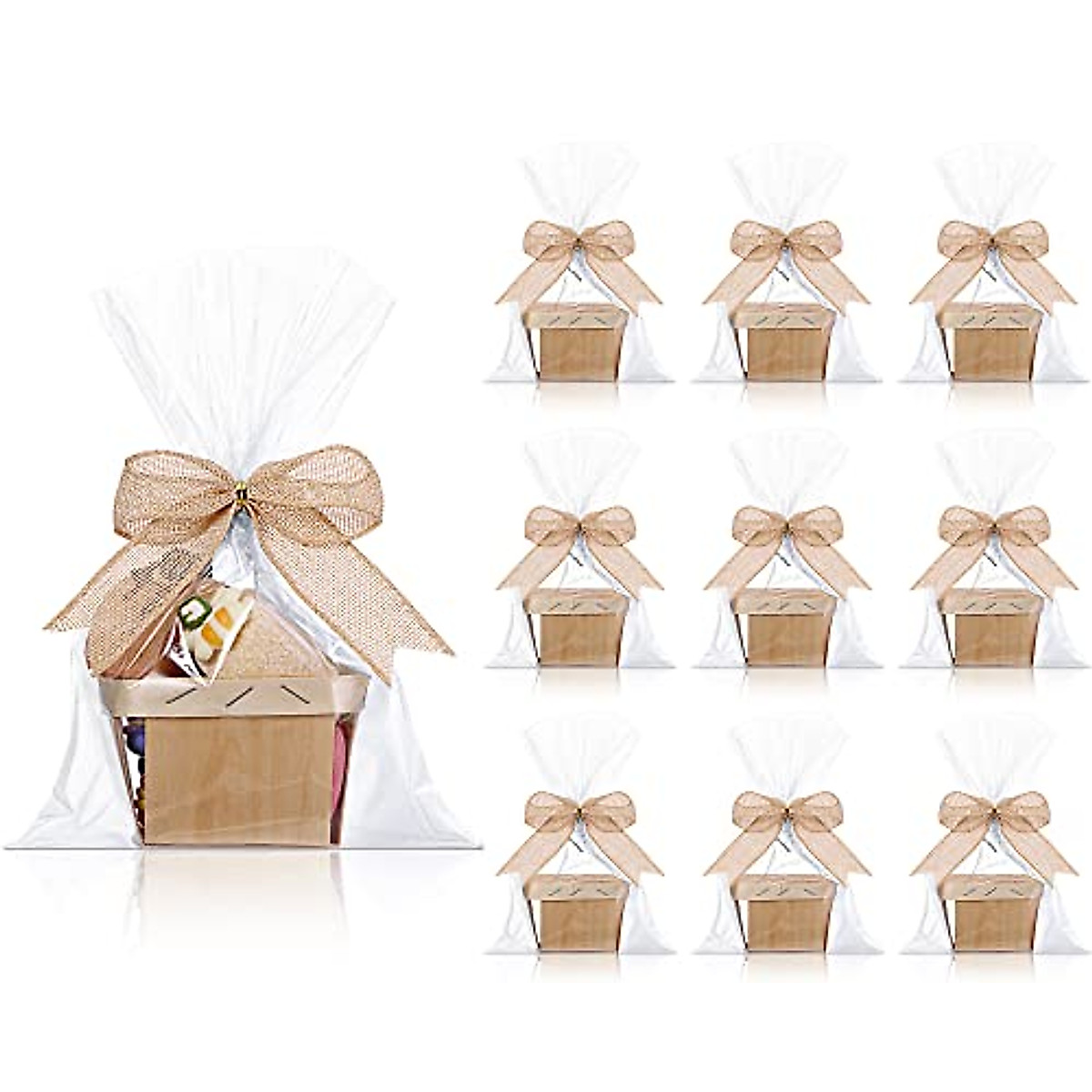 Yerliker 10 Set Wooden Gift Baskets Imitation Jute Bows Clear Treat Bags Set for Christmas Picking Fruit Birthday Decorations Wedding Gift Packages()