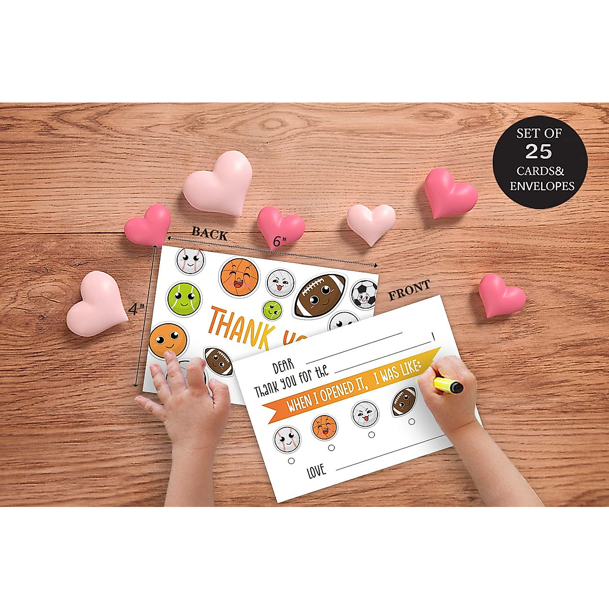 QOFO Basketball Football Sports Fill in the Blank Thank You Cards,Gender Neutral Thank You Notes,For Boys Birthday Party,Event,or Holiday Use,Thank You Notes with Envelopes Set of 25-GXK12