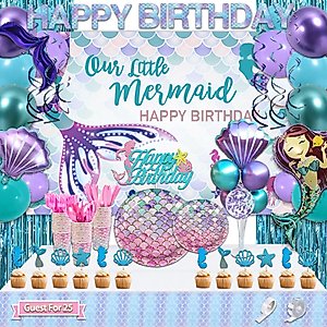 UJoyant 299 Pcs Mermaid Birthday Decorations, Mermaid Party Decorations Kit - Disposable Dinnerware Set with 25 Guests, Backdrop, Balloon, Banner, Tablecloth, Knives, Forks, Spoons, CakeTopper