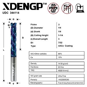 XDENGP 3 Flute Up&Down Cut Compression Spiral Router Bit for CNC, 1/4" Cutting Diameter, 1-1/4" Cutting Length 1/4" Shank with nACo Coated Carbide End Mill for Wood Carving Engraving Grinding Grooving