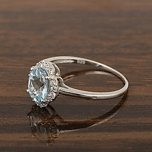 Dainty 925 Sterling Silver Oval Shape 8X6 MM Natural Gemstones Solitaire Accents Women Engagement Proposal Ring Aquamarine,8