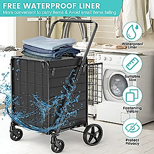 Folding Shopping Cart for Groceries,340 lbs Capacity Grocery Cart with Waterproof Liner and 360° Swiveling Wheels Collapsible Shopping Carts with Double Basket for Condo Laundry Transport Trip