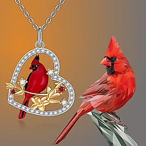 Sterling Silver Heart Red Cardinal Necklace for Women Mom Mother Daughter Friend Crystal Couples Cute Bird Necklaces Dainty Cubic Zirconia Long Chain