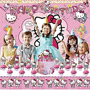 Kitty Birthday Party Supplies, Cute Kitty Party Favor Pink Party Decorations includes Happy Birthday Banner, Balloons, Backdrop, Cake Topper, Tablecloth, Hanging Swirl