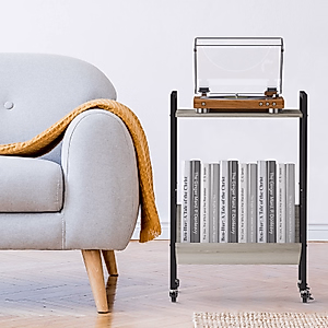 NOVIMANGO Record Player Stand with Storage, Vinyl Player Stand 2 Tier Vinyl Record Storage with Wheels Turntable Stand with Metal Frame Industrial Record Player Cabinet for Bedroom Office, Gray