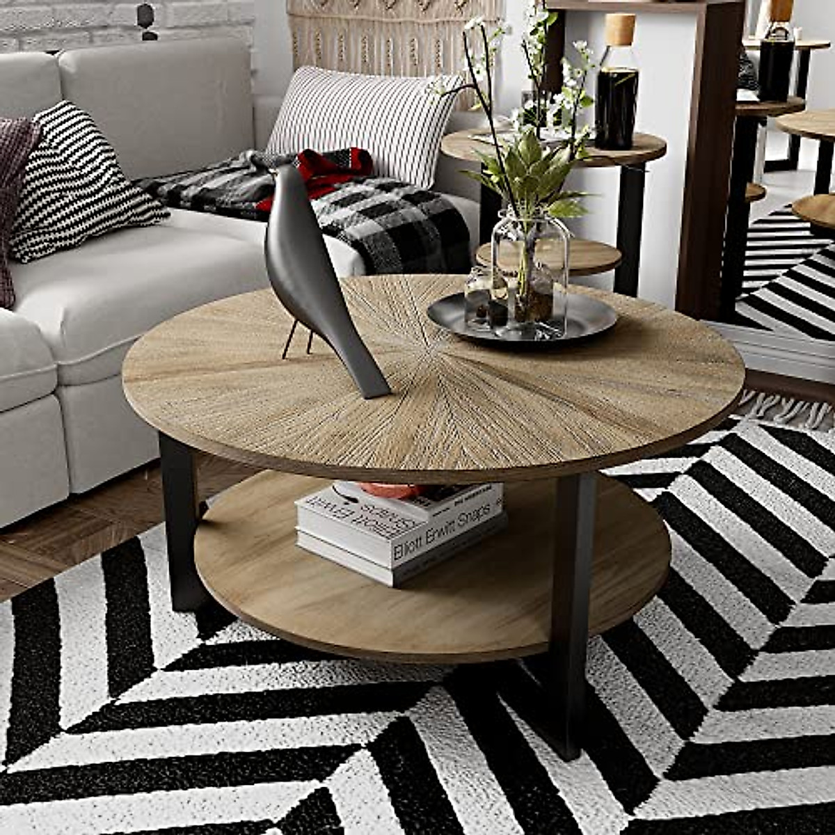 33.5" Round Coffee Table with 2-Tier Storage, Farmhouse Living Room Cocktail Table with Black Metal Leg, Solid Wood Industrial Sofa Center Table,Easy Assembly, Rustic Natural KFZ1338