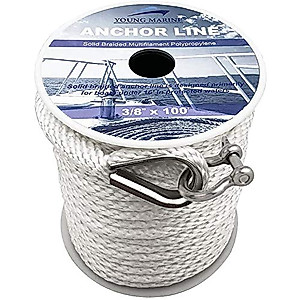 Young Marine Premium Solid Braid MFP Anchor Line Braided Anchor Rope/Line 3/8 Inch 100FT with Stainless Steel Thimble & Shackle (3/8" x 100', White)