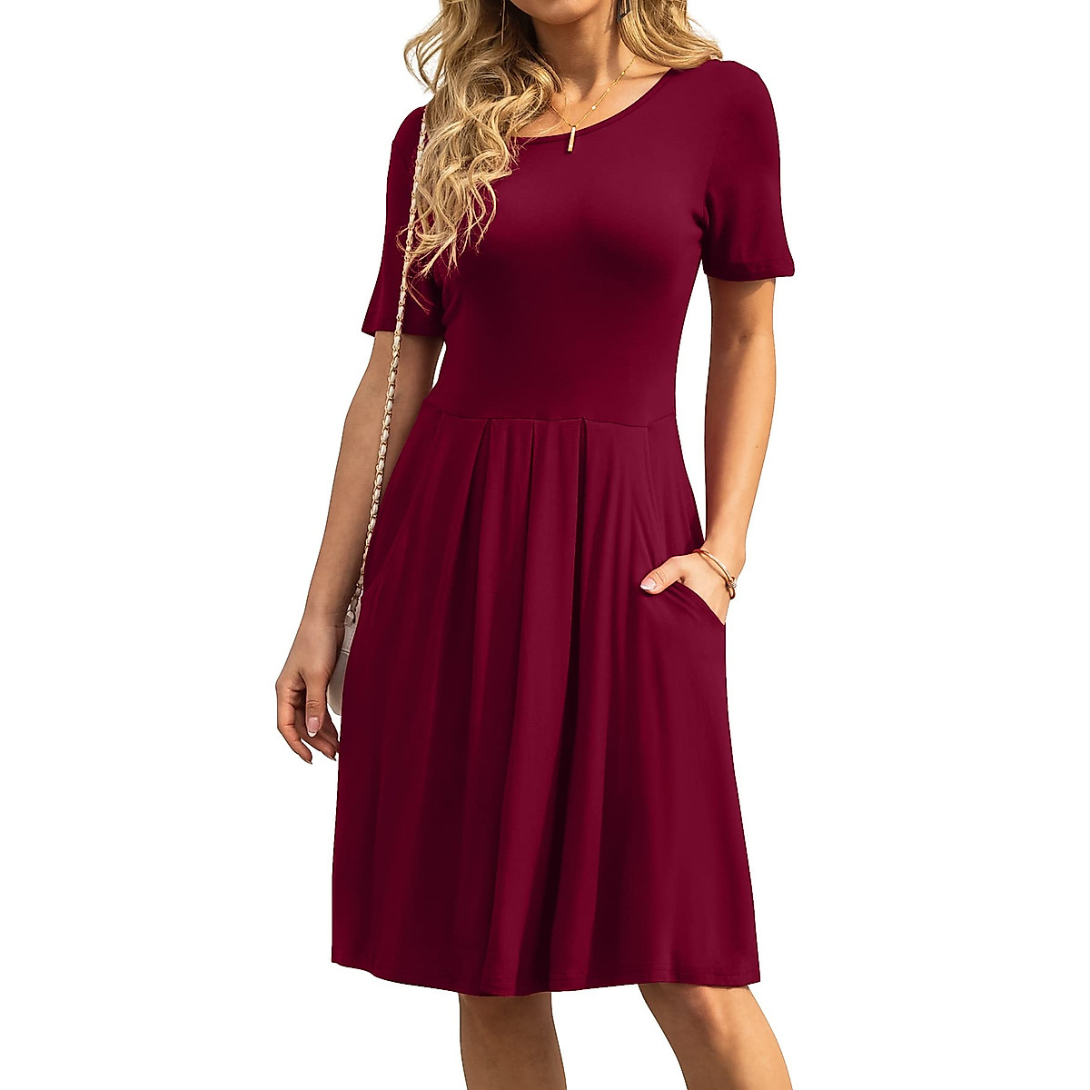 DouBCQ Women's Casual Short Sleeve Flowy Pleated Loose Dresses with Pockets (0-Wine Red, L)
