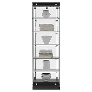 Displays2go Display Show Case with LED Lighting, Glass Shelves, Locking Door, MDF Top & Base – Clear & Black (GTAP24LEDB)