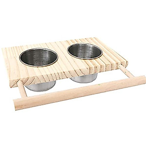 Wood Perch with Double Feeder Cups for Bird Parrot Budgie Parakeet Cockatiel Conure Lovebirds Finch Canary Macaw African Greys Amazon Cockatoo to (L)