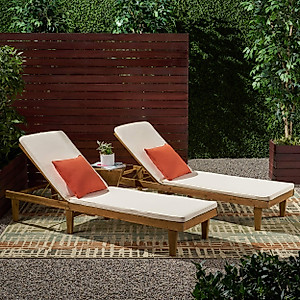 GDFStudio Oudoor Modern Acacia Wood Chaise Lounge with Cushion (Set of 2), and Cream