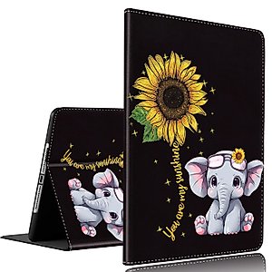 Case for iPad 9th/8th/7th Gen 2021/2020/2019 iPad 10.2 Inch Case Also Fit iPad Air 3th Gen 2019/iPad Pro 10.5 inch 2017，Standing Cover Case with Auto Sleep/Wake，Cute Elephant and Sunflower