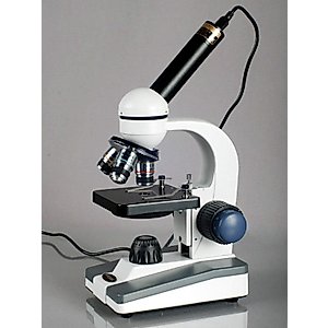 AmScope M150C-PS25-WM Compound Monocular Microscope, WF10x and WF25x Eyepieces, 40x-1000x Magnification, LED Illumination, Brightfield, Single-Lens Condenser, Coaxial Coarse and Fine Focus, Plain Stage, 110V, Includes Set of 25 Prepared Slides and Book