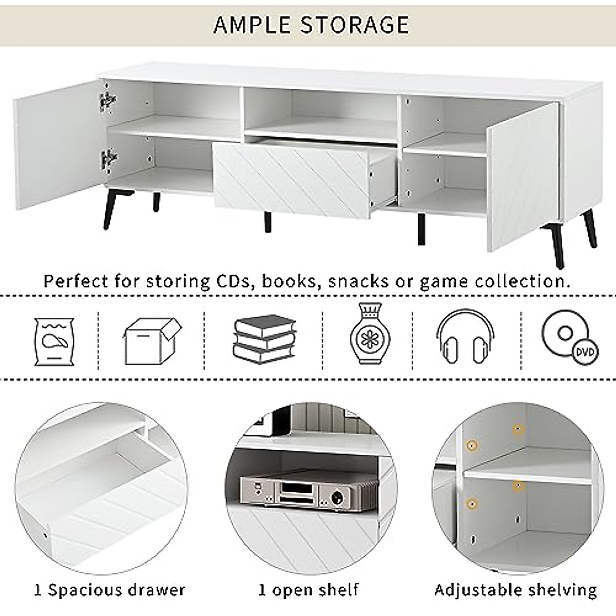 Modern TV Stand for 70 inch TV, Entertainment Center with 1 Drawer and Open Shelf, TV Console Table with with 2 Doors and Adjustable Shelves for Living Room/Bedroom(White)