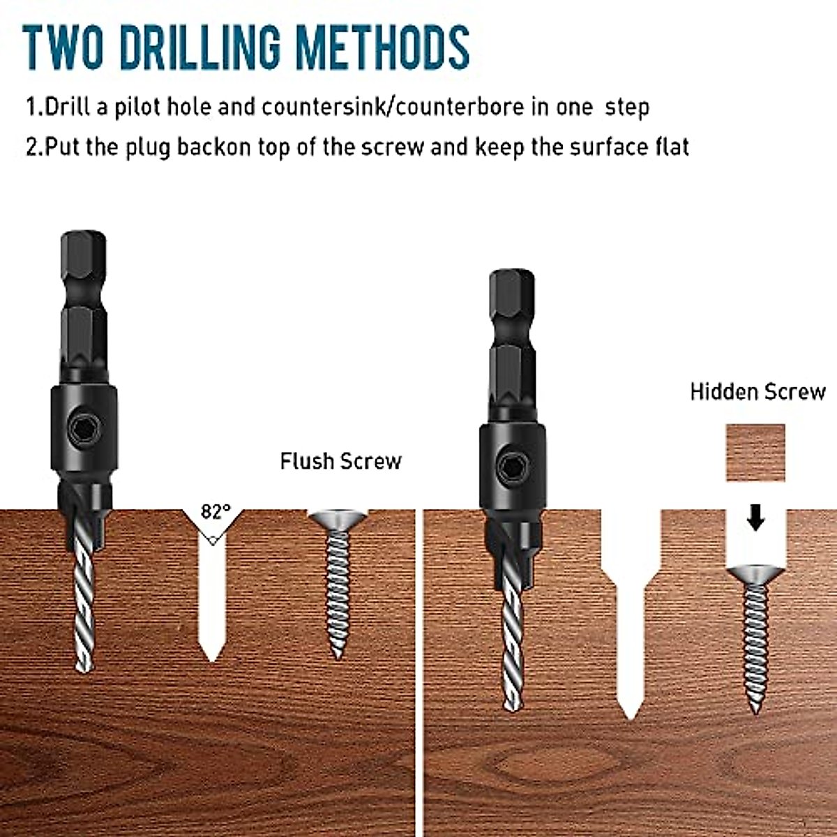Countersink Drill Bit Set, 5Pcs Quick Change 1/4" Hex Shank Adjustable Countersink Set, 5pcs Free Replaceable Drill Bits with One Hex Wrench, Woodworking Countersink Drill Bits