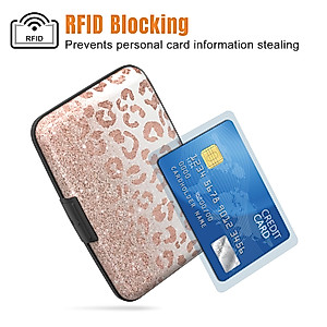 Rimilak Aluminuml Credit Card Holder, Mini Credit Card Wallet RFID Blocking Slim Metal Hard Case for Women Men, Pink Leopard