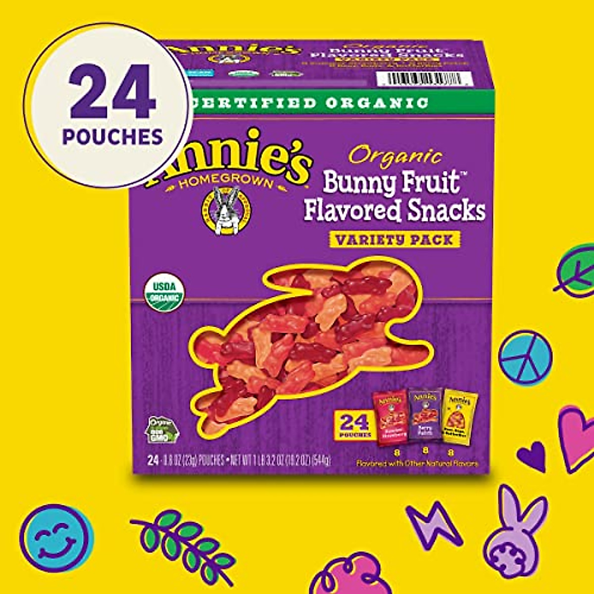 Annie's Organic Bunny Fruit Snacks, Gluten Free, Variety Pack, 24 Pouches