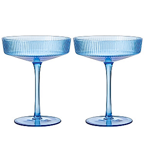 Rose Pink Ribbed Coupe Cocktail, Champagne & Martini Glasses 8 oz | Set of 2 | Retro Style Classic Manhattan Glasses For Cocktails, Ripple Coupe Glasses, Art Deco Gatsby Vintage, Crystal with Stems