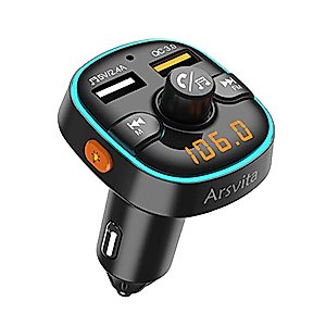 Arsvita Bluetooth FM Transmitter for Car, Radio Receiver / Audio Adapter with Dual Car Charger, Support QC3.0 Quick Charging, Hands-Free Calling and Hi-Fi Sound Playback, Black