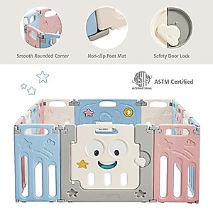 Costzon Foldable Baby Playpen, 14-Panel Baby Play Yards with Lock Door & Anti-Slip Rubber Bases, Indoor Outdoor Safety Baby Fence with Adjustable Shape for Children Toddlers (14 Panel, Multicolor)