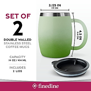 FineDine Double-Wall Stainless Steel, Drinking Cup, Coffee Mugs with Spill-Resistant Lids, Comfortable Handle for Hot & Cold Drinks, Shatterproof Coffee Cups, 14 Ounces