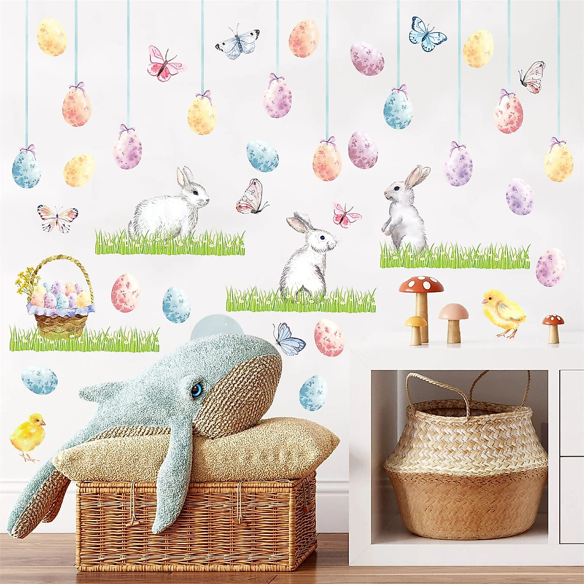 Happy Easter Wall Stickers Easter Egg Wall Decals Easter Bunny Wall Decals Peel and Stick Rabbit Wall Stickers Bunnies Colorful Butterfly Wall Stickers Removable Easter Window Stickers Decorations