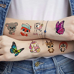 Rejaski 50 PCS Cute Animals ZOO Kids Temporary Tattoos For Girls Butterfly Mermaid Unicorn, 3D Cartoon Fake Tattoos For Child Toddler Boys Teen, Fun Small Tatoo Party Favor Sets Supplies Decoration