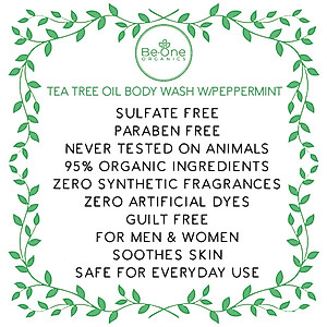 Certified Organic Tea Tree Body Wash by Be-One - Jock Itch - Athletes Foot - Ringworm - Acne - Eczema - Vegan - For Men & Women - Paraben & Sulfate Free - Sensitive - Natural - MADE IN USA